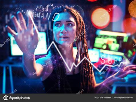 Woman Hacker Night Hologram Overlay Economy Online Banking System Graph