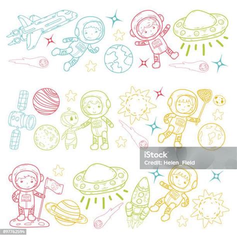 유치원 공간 천문학 수업 어린이 학교 아이 들 그림 Ufo 외계인 달 표면 지구 목성 토성 화성 벡터 낙서 아이콘 18 19세에