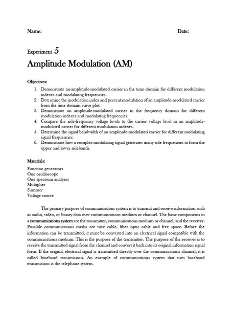 Experiment 5 Amplitude Modulation Group Pdf Frequency Modulation Modulation