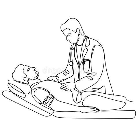 Doctor Examining Patient On Hospital Bed Continuous Line Art Vector