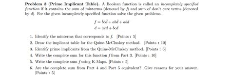 Solved Problem Prime Implicant Table A Boolean Function Chegg