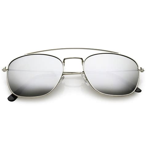 Classic Metal Aviator Sunglasses Curved Crossbar Mirrored Square Lens