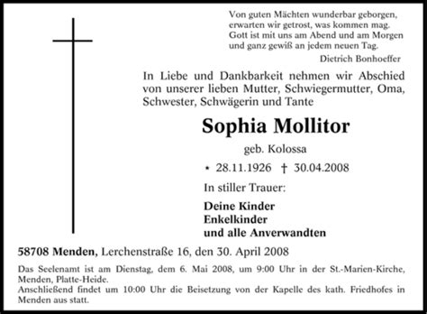 Traueranzeigen Von Sophia Mollitor Trauer In NRW De