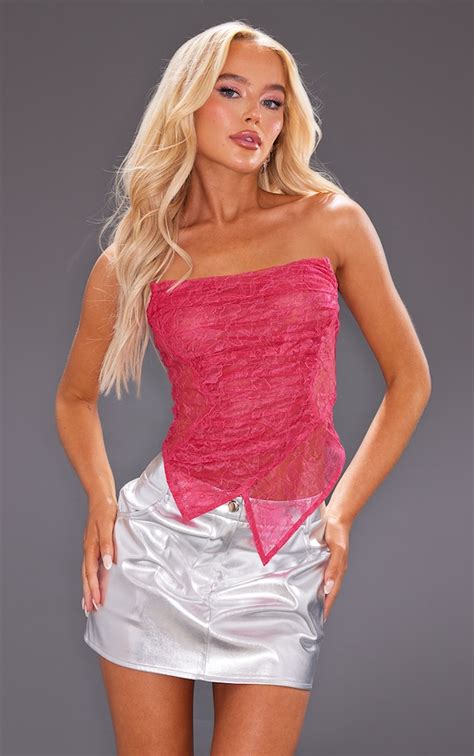 Hot Pink Lace Asymmetric Pointed Hem Corset Prettylittlething Aus