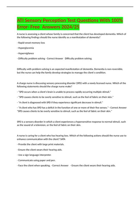Ati Sensory Perception Test Questions With 100 Error Free Answers 2024 25 Sensory Perception