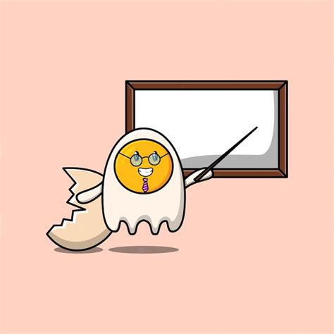 플랫 만화 스타일 개념의 화이트보드로 가르치는 귀여운 만화 계란 후라이 교사 캐릭터 프리미엄 벡터