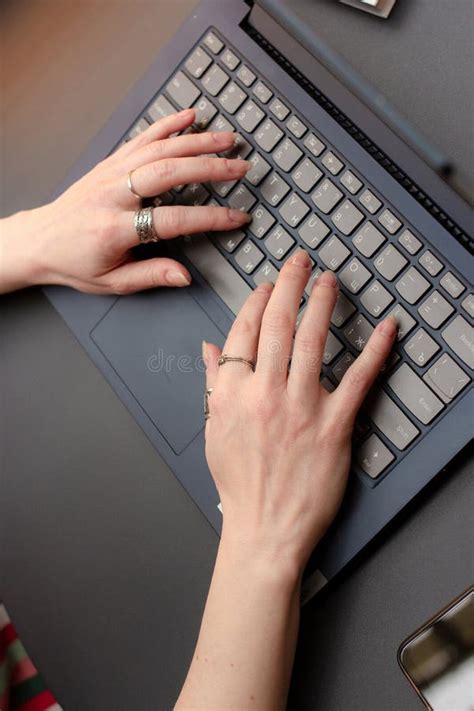 Female Hands On Keyboard Woman Working On A Laptop Stock Image Image