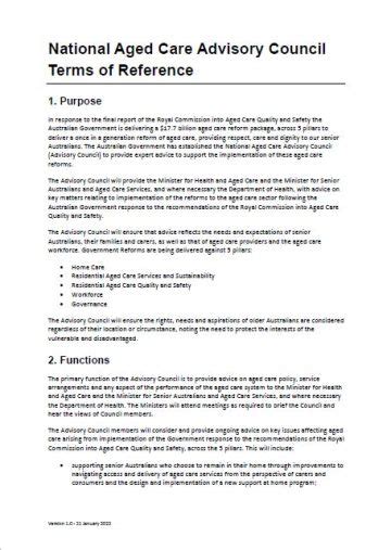 National Aged Care Advisory Council Terms Of Reference Australian
