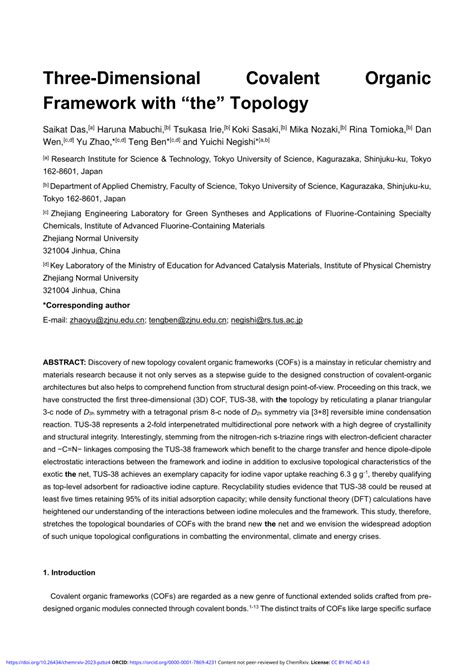 Pdf Three Dimensional Covalent Organic Framework With “the” Topology