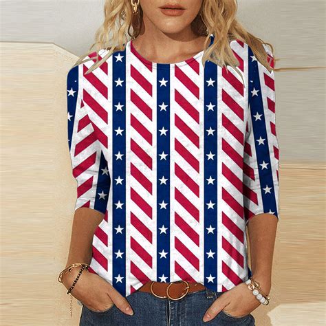 Badhub Fourth Of July Women American Flag Patriotic 34 Sleeve Shirt