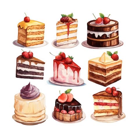 A Watercolor Clipart Set Of Cakes And Cake Slices Lemon Strawberry And