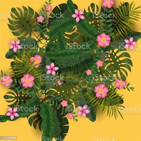 여름 이국적인 식물과 히 비 스커 스 꽃 열 대 배경 템플릿입니다 트렌드 패턴 정글입니다 벡터 삽화 고립 된 포스터 배너 전단지