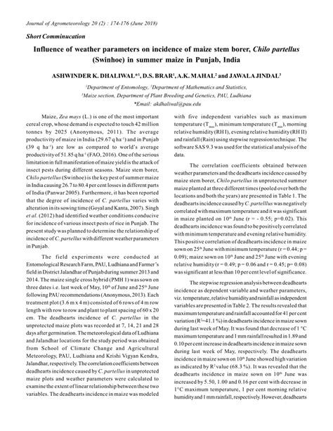 Pdf Influence Of Weather Parameters On Incidence Of Maize Stem Borer Chilo Partellus Swinhoe