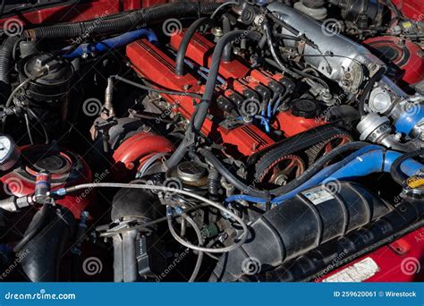 Closeup Of The Engine Tuned With Nitrous Oxide Of A Red Toyota Supra