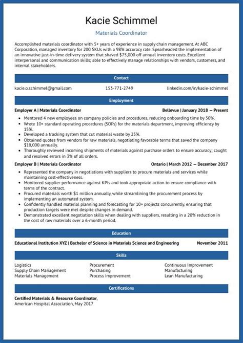 Materials Coordinator Resume Cv Example And Writing Guide