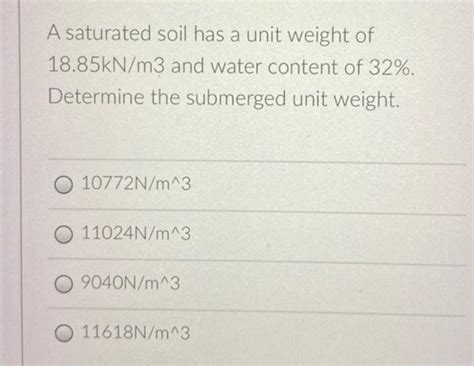 Solved A Saturated Soil Has A Unit Weight Of 1885knm3 And