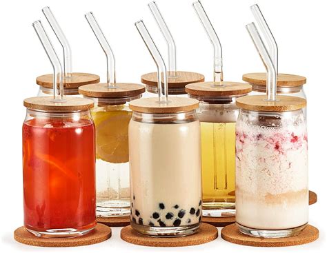 Drinking Glasses With Bamboo Lids And Glass Straw 4pcs Set