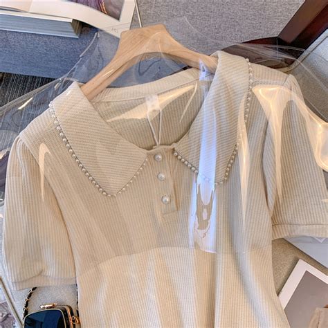 Plus Size Korean Pearl Polo T Shirt Blouse Pluspreorder