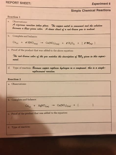 Solved Report Sheet Experiment 6 Simple Chemical Reactions