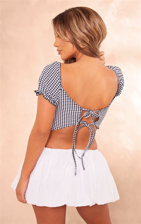Black Gingham Puff Sleeve Tie Back Crop Top Tops Prettylittlething Usa