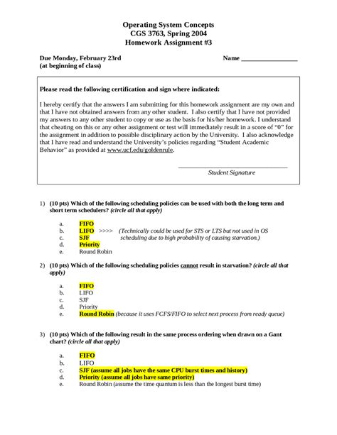 Homework Assignment 3 Questions Operating System Concepts Cgs 3763