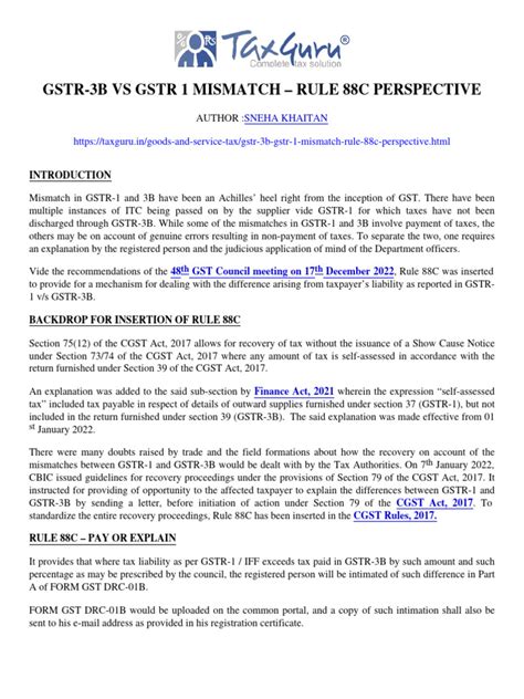 Gstr 3b Vs Gstr 1 Mismatch Rule 88c Perspective Taxguru In Pdf