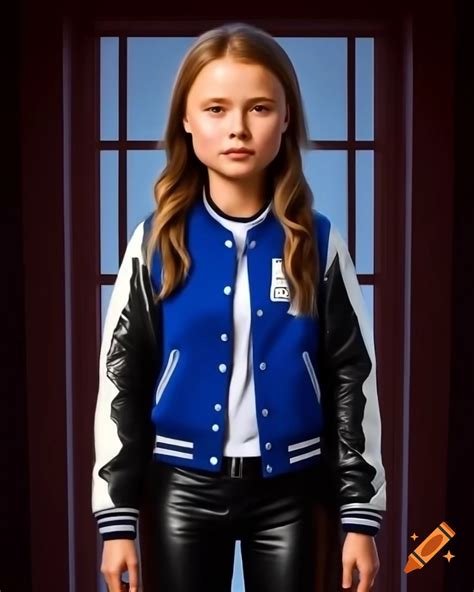 Greta Thunberg Portrait In Letterman Jacket And Leather Trousers