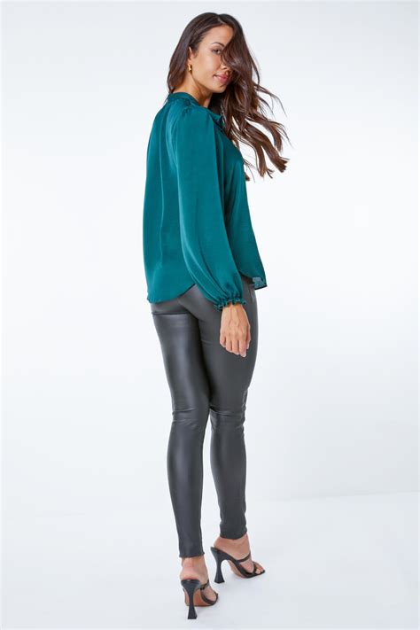Satin Ruffle Neck Blouse In Green Roman Originals Uk