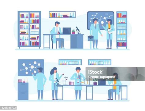 과학자 사람들은 연구 과학 실험실에서 실험 벡터 일러스트 레이션 세트에 작동합니다 과학에 대한 스톡 벡터 아트 및 기타 이미지