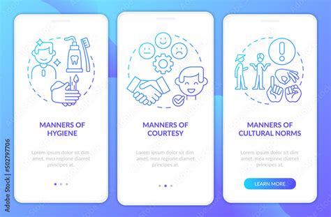Etiquette Categories Blue Gradient Onboarding Mobile App Screen Walkthrough 3 Steps Graphic