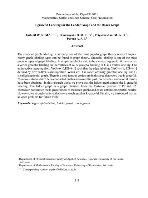 Pdf K Graceful Labeling For The Ladder Graph And The Roach Graph