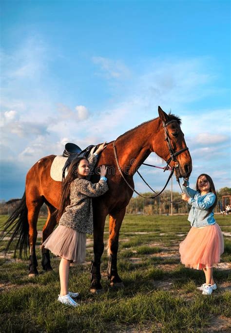 Sch Ne M Dchen Mit Pferd Auf Dem Gras Stockfoto Bild Von Weide Kind