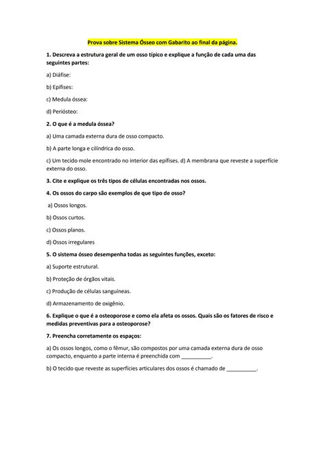 Solution Prova Com Gabarito Sistema Ósseo Anatomia Studypool