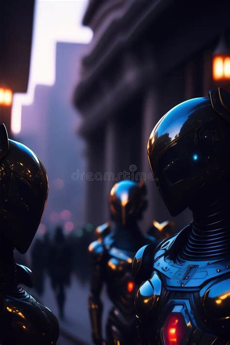 cute female robots on the background of the city created with
