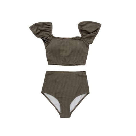 ‼️พร้อมส่ง ราคาถูก‼ ชุดว่ายน้ำทูพีช เสื้อสีน้ำตาลแขนตุ๊กตาใส่ปาดไหล่ได้ กางเกงสีน้ำตาลเอวสูง