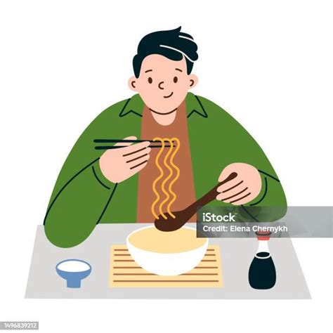 테이블에서 라면을 먹고 젓가락과 수프 스푼을 들고 아시아 국수 국수와 함께 그릇을 손으로 그린 벡터 그림 국수 중국 식당에서