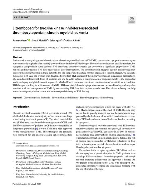 Pdf Eltrombopag For Tyrosine Kinase Inhibitors Associated