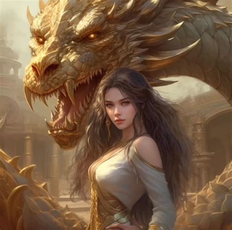 A Woman Standing Next To A Large Dragon
