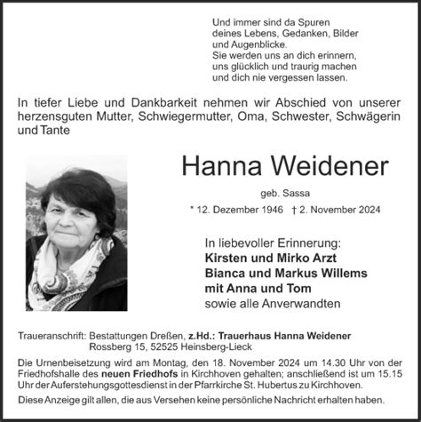 Traueranzeigen Von Hanna Weidener Aachen Gedenkt