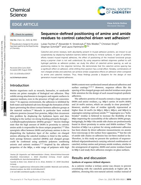 Pdf Sequence Defined Positioning Of Amine And Amide Residues To Control Catechol Driven Wet