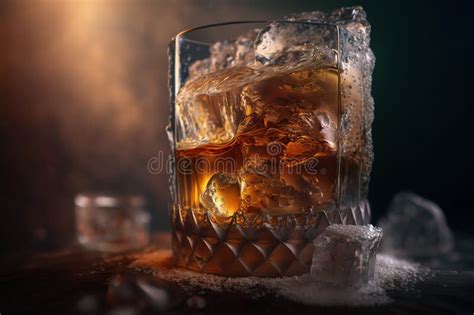 Whiskey Glass Brandy Bottle Of Whiskey With Ice Glass Of Scotch
