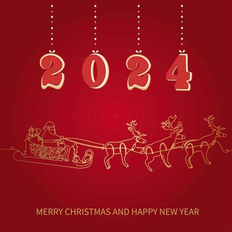 크리스마스와 새해 벡터 일러스트레이션을 위한 순록과 썰매 개념에 산타클로스를 연속적으로 그리는 하나의 선 프리미엄 벡터