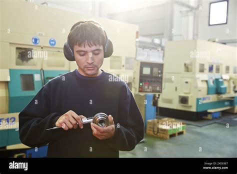 Worker Measuring With Caliper Area Automated Cnc Lathes Machined Indecober Machining Of