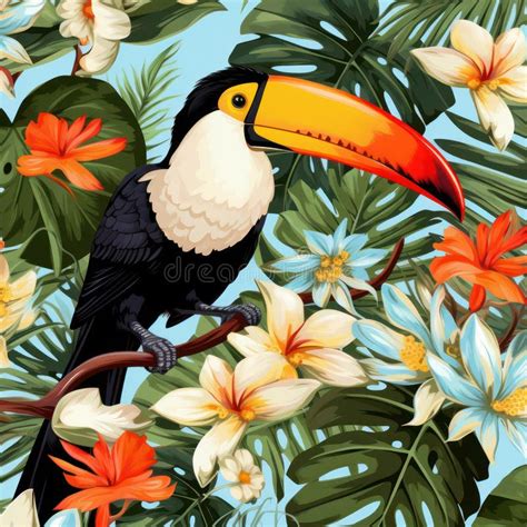 Vibrant Toucan Birds And Exotic Tropical Leaves Colorful Jungle