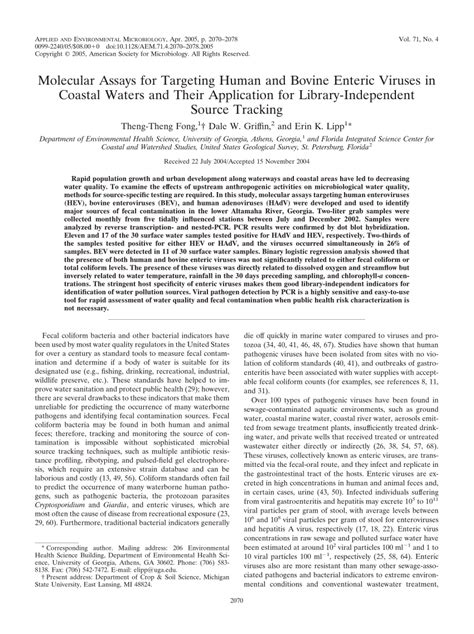 Pdf Molecular Assays For Targeting Human And Bovine Enteric Viruses In Coastal Waters And