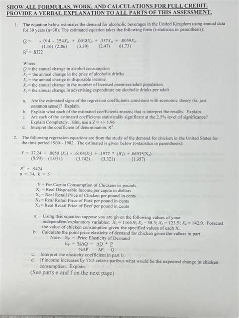 solved show all formulas work and calculations for full