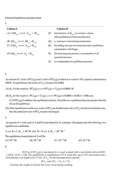SOLUTION Chemical Equilibrium Practice Sheet Studypool