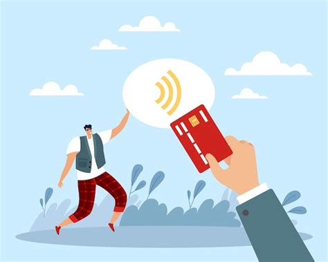 신용카드를 보유한 젊은 행복한 남성 Nfc 은행 시스템으로 무선 거래 고객 지불 터 만화 평면 개념 프리미엄 벡터