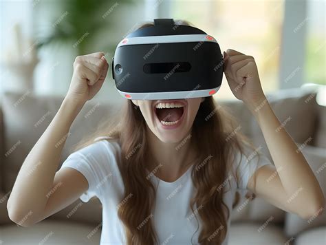 Premium Photo A Girl Wearing A Vr Headset And Smiling While Playing A Computer Game