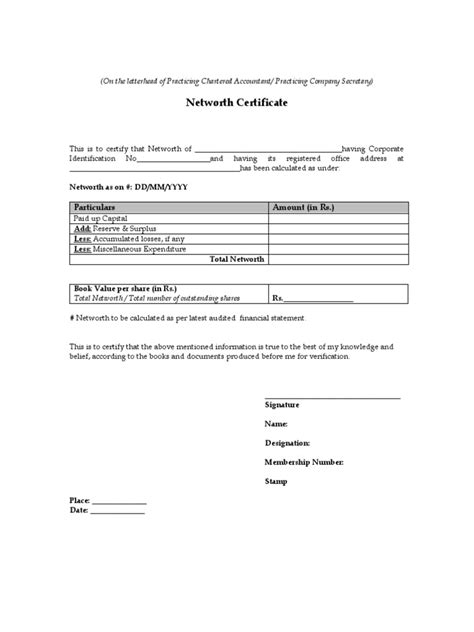 Networth Certificate Format Pdf